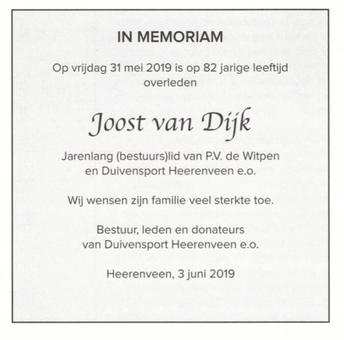 Overlijdensbericht Joost van Dijk / Nieuws | Duivensport Heerenveen e.o.