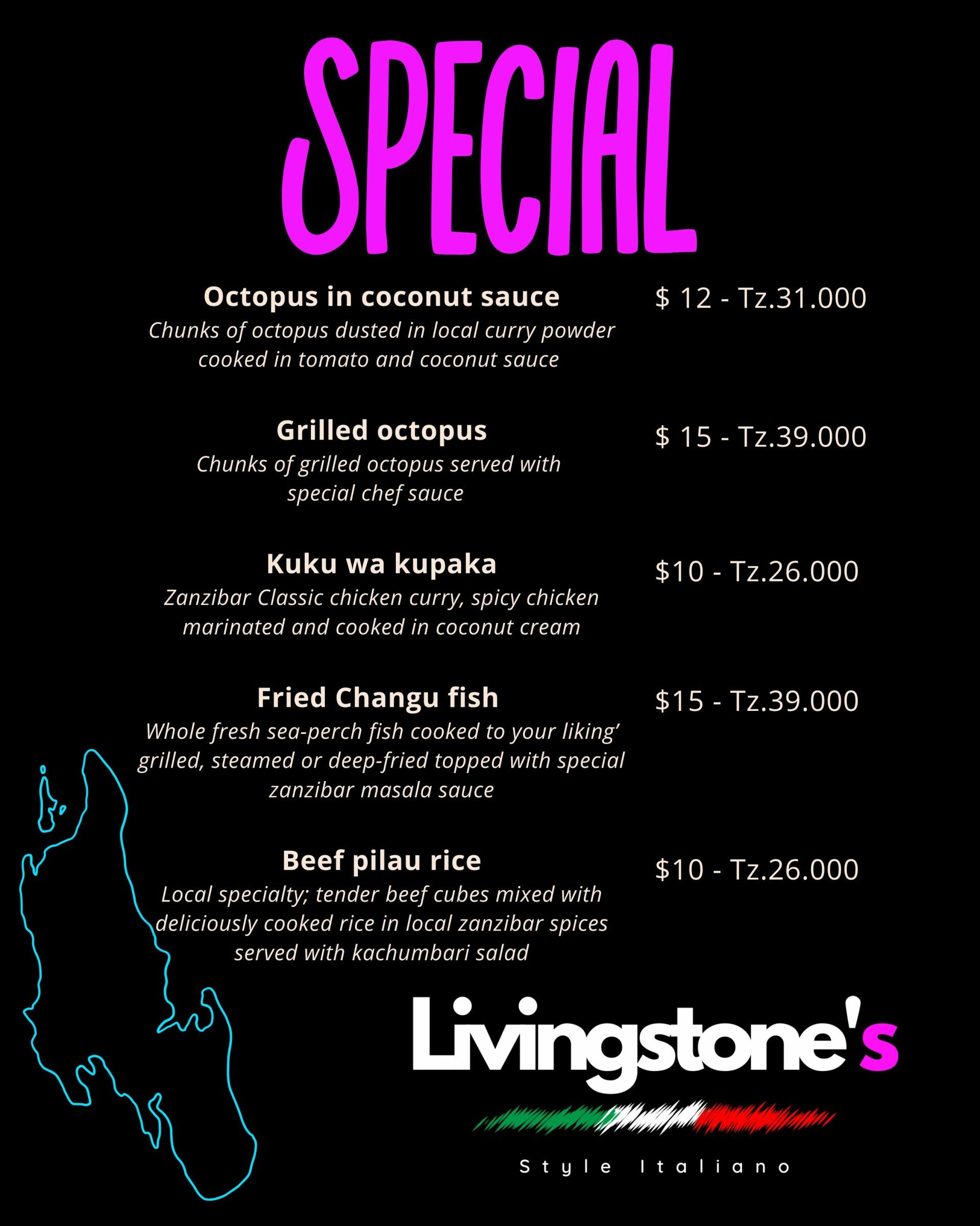 Restaurant Menu | LIVINGSTONE'S ZANZIBAR