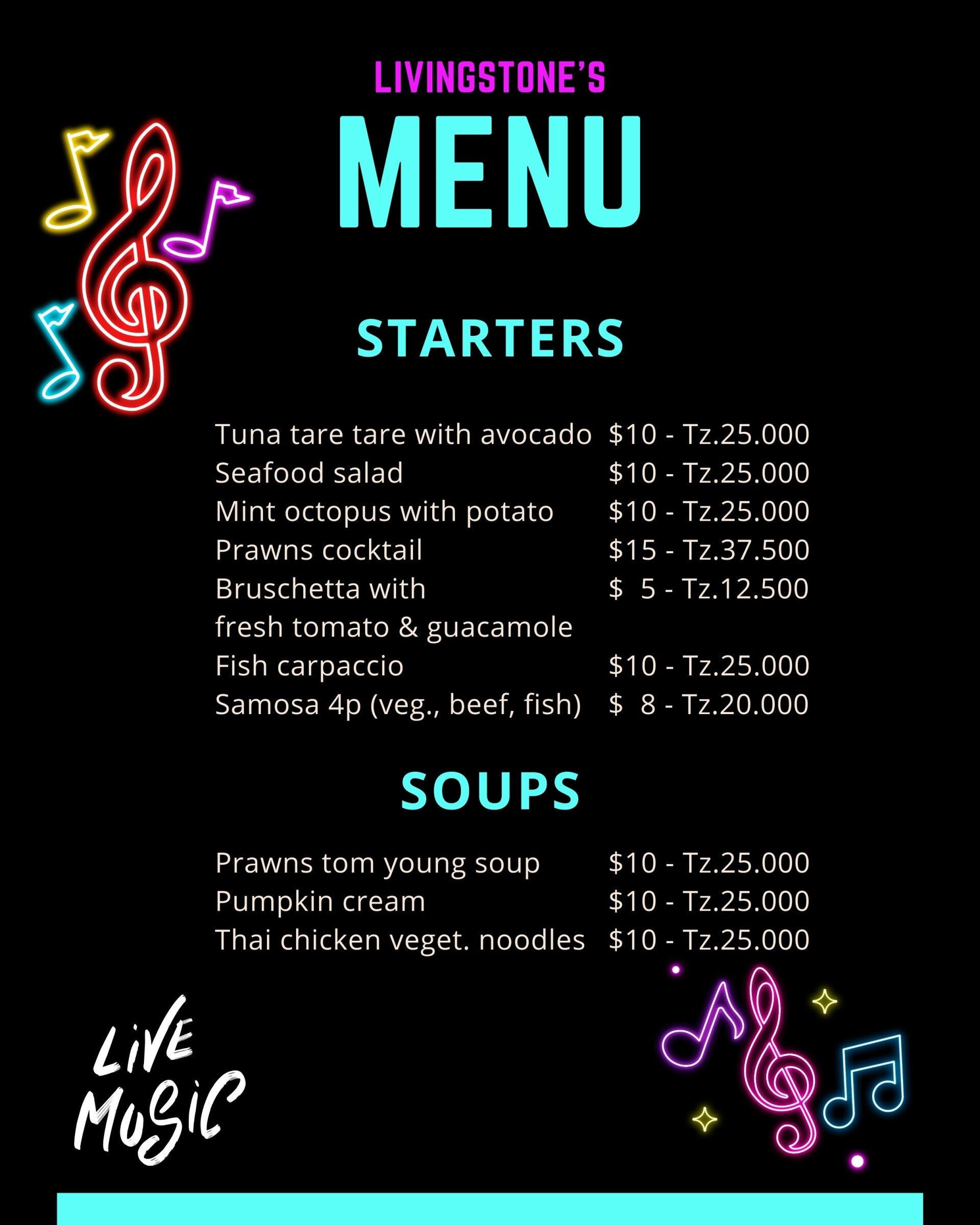 Restaurant Menu | LIVINGSTONE'S ZANZIBAR