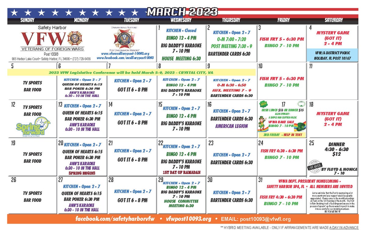 CALENDAR | VFW Auxiliary Post 10093 Safety Harbor Florida