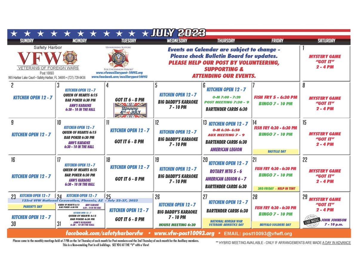 CALENDAR | VFW Auxiliary Post 10093 Safety Harbor Florida