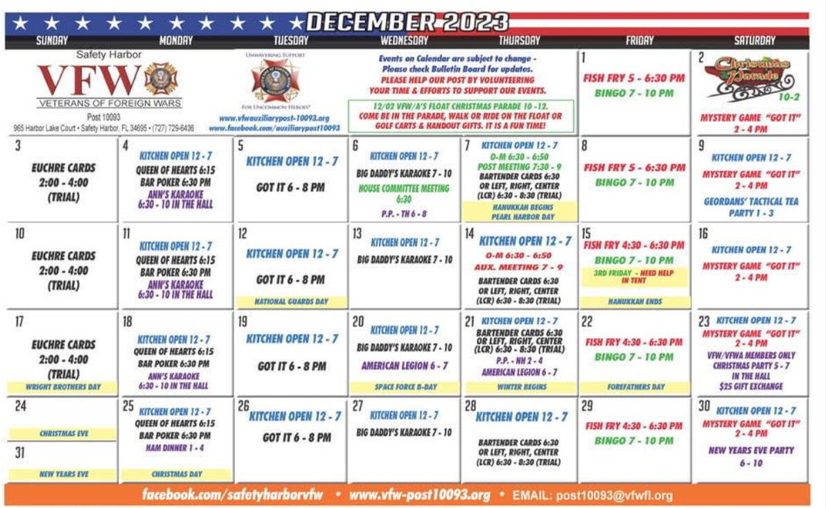 CALENDAR | VFW Auxiliary Post 10093 Safety Harbor Florida
