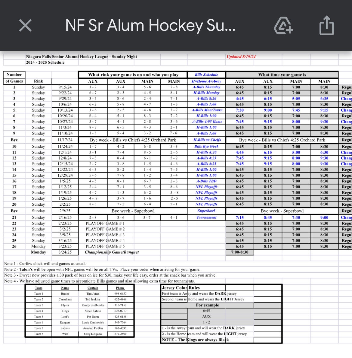 LEAGUE SCHEDULE | NIAGARA FALLS SENIOR ALUMNI HOCKEY