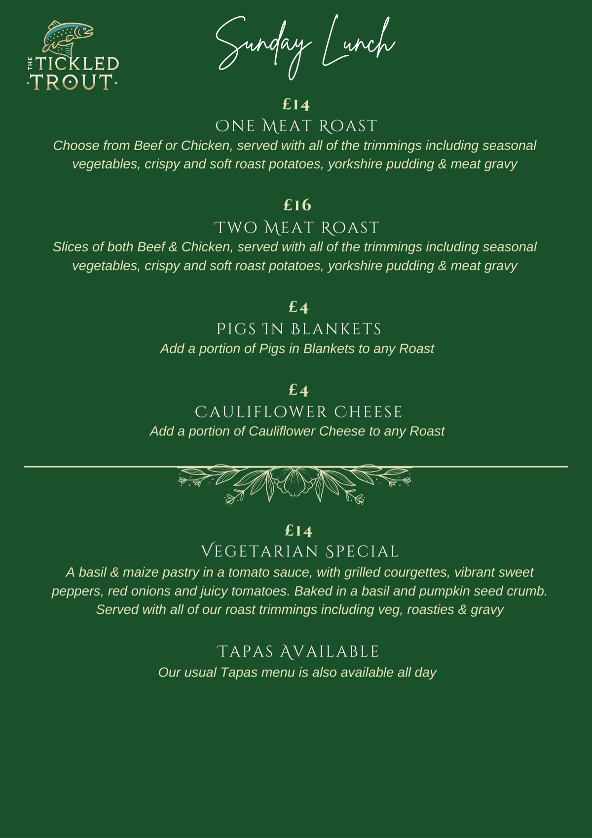 Menu | The Tickled Trout