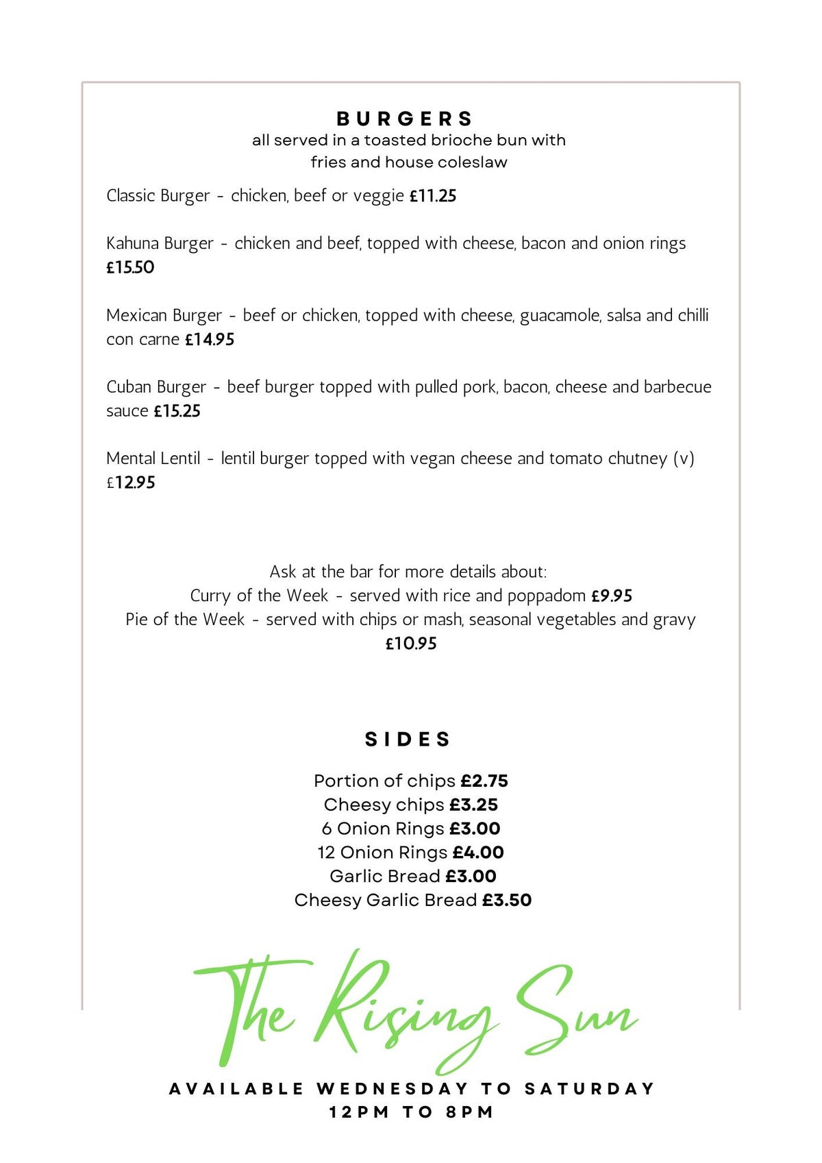 Menu | The Rising Sun