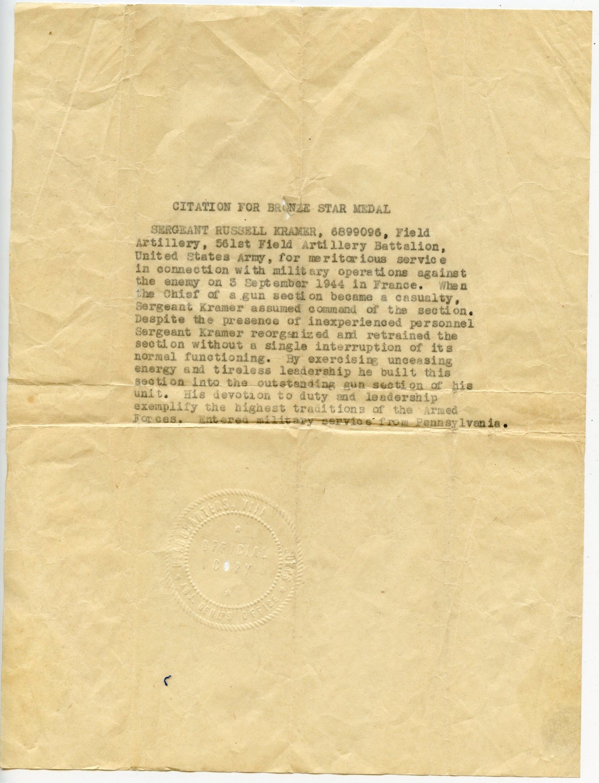 WW2 Cased & Named Bronze Star Medal with Citation, 561st Field ...