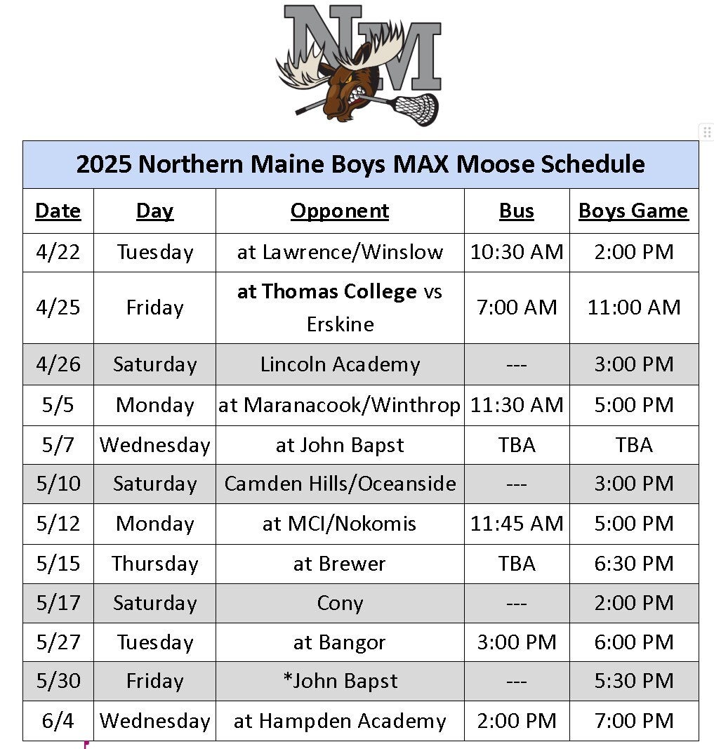Boy's Max (High School) / Team Schedule | Northern Maine Lacrosse