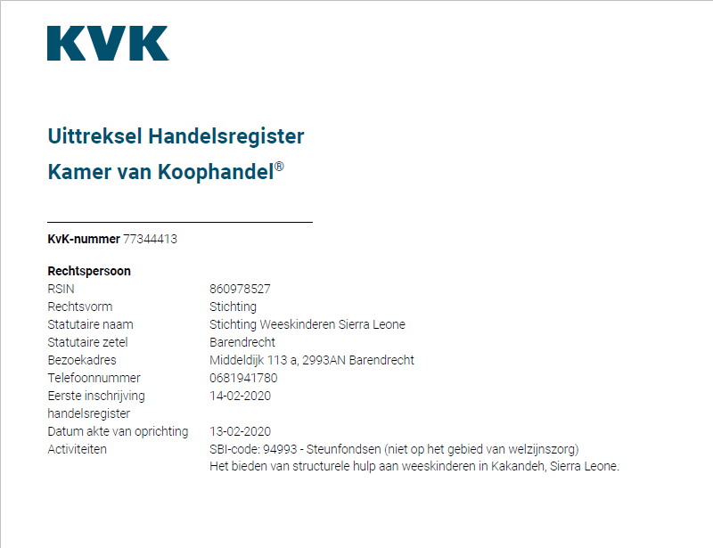 KvK / Beleidsplan, Statuten, ANBI, KvK | Stichting Weeskinderen Sierra ...