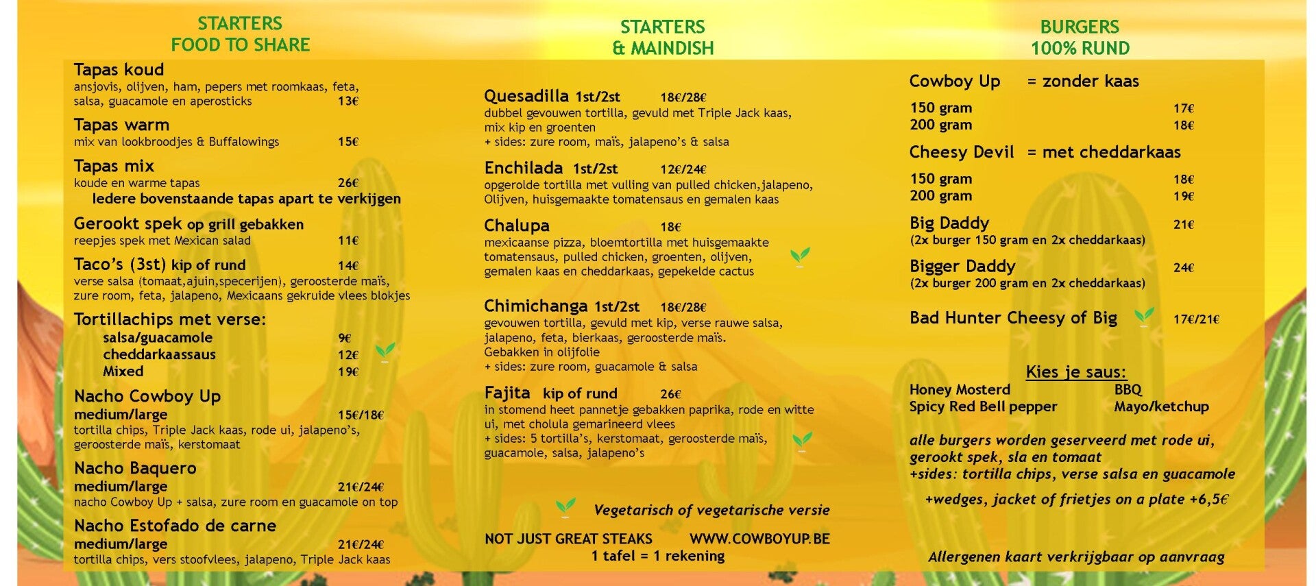 STARTERS / TEX MEX / BURGERS / MENU | cowboyup.be