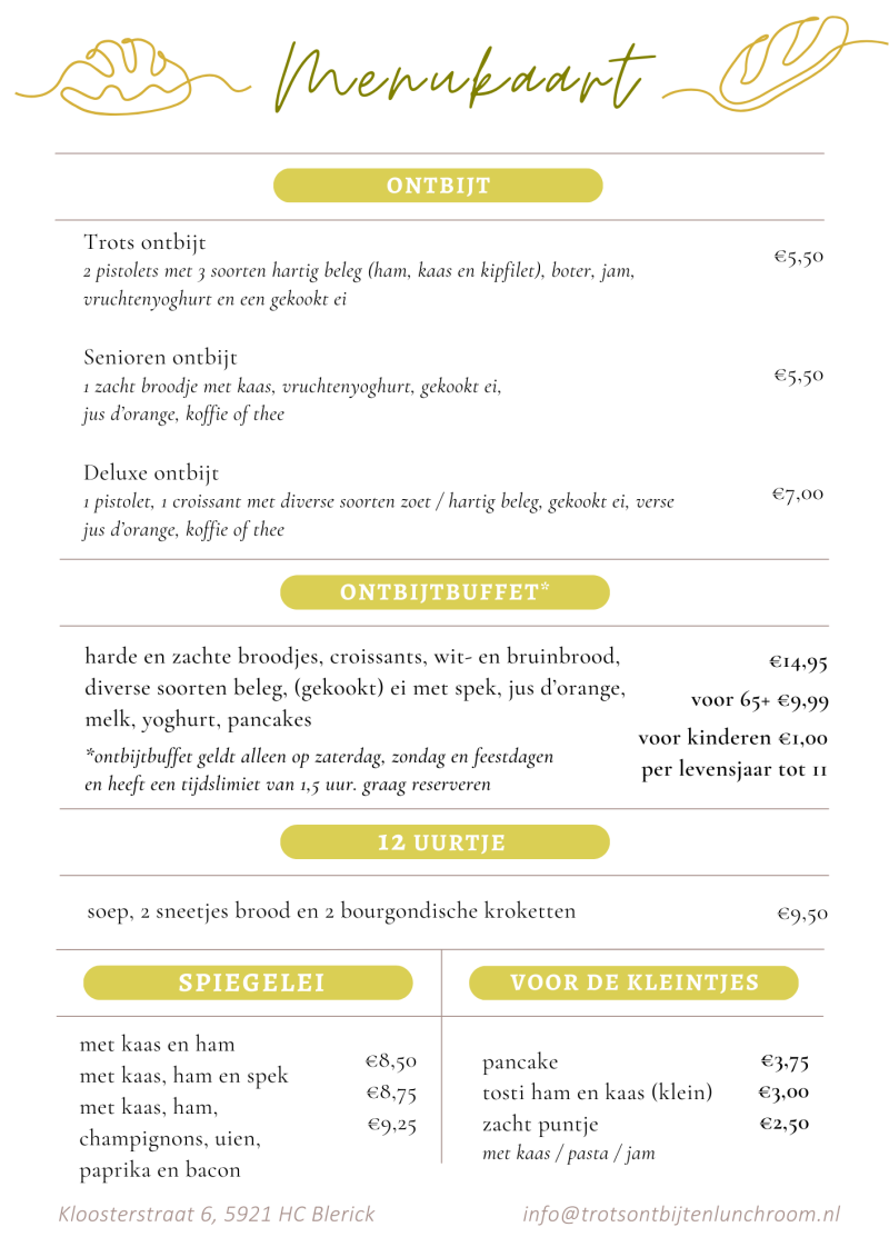 menukaart | trots ontbijt en lunchroom