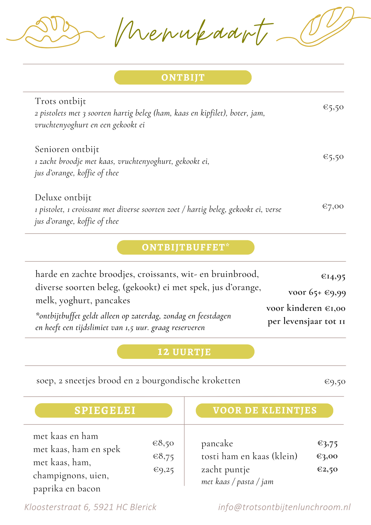 menukaart | trots ontbijt en lunchroom