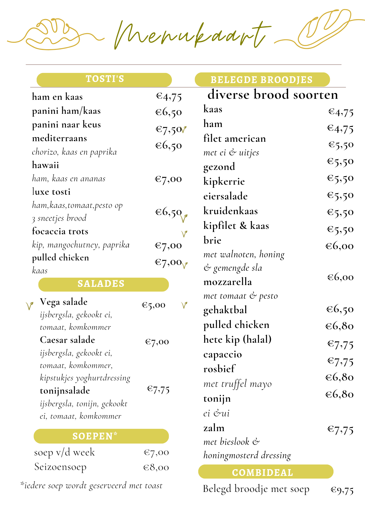 menukaart | trots ontbijt en lunchroom