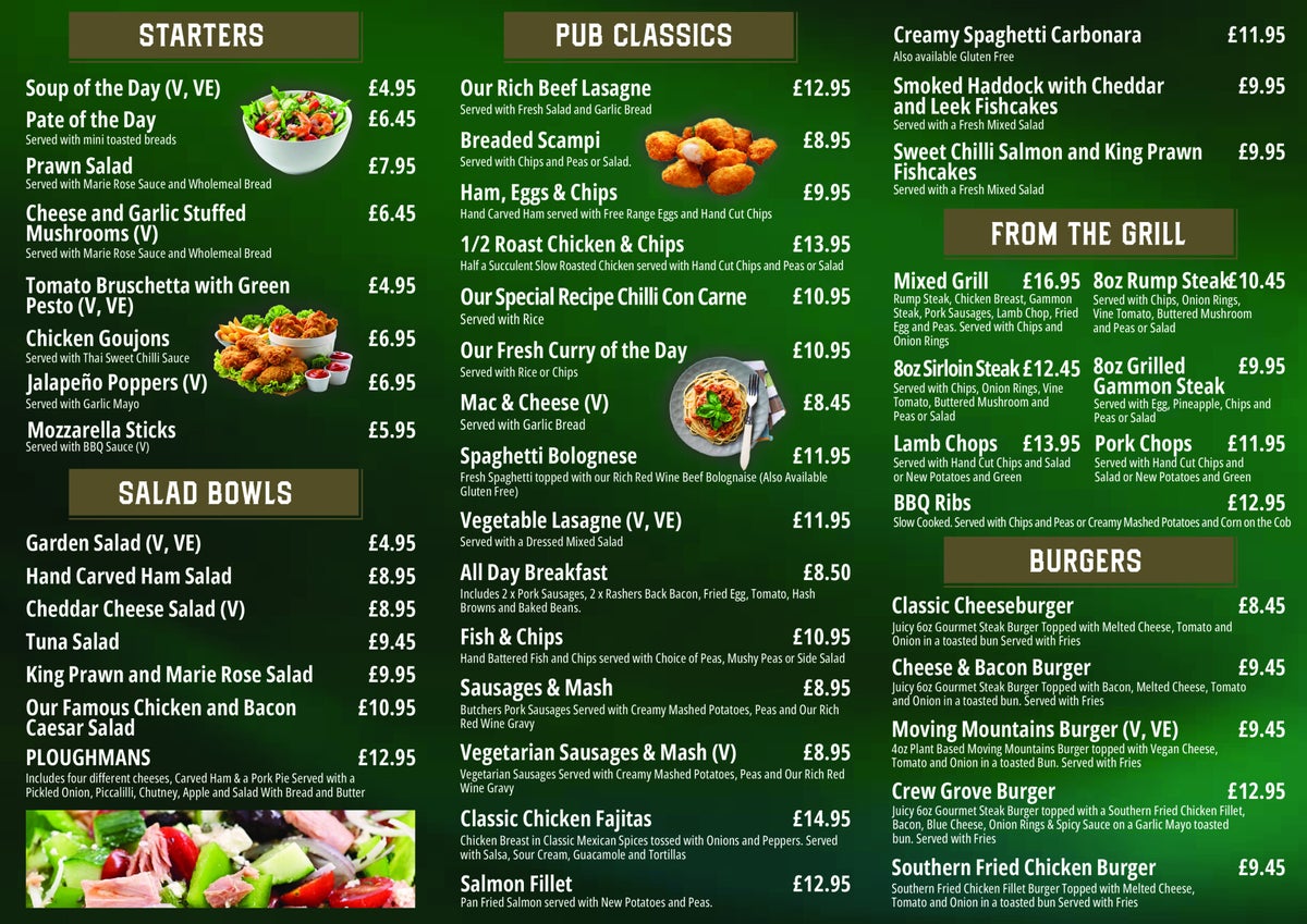 Menu | Crew Grove Pub Co