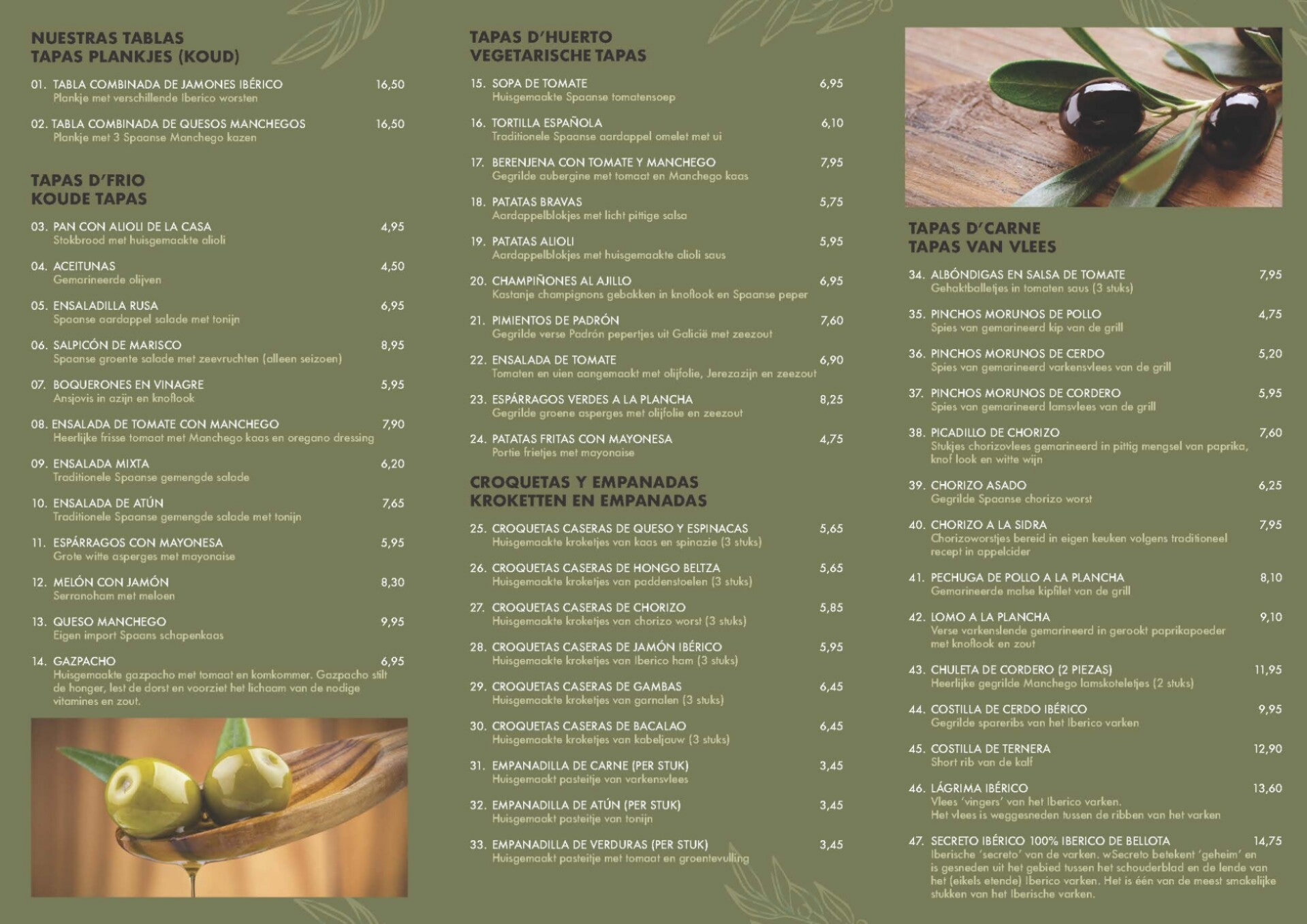 Menu kaart | Spaans Tapas Restaurant El Olivo