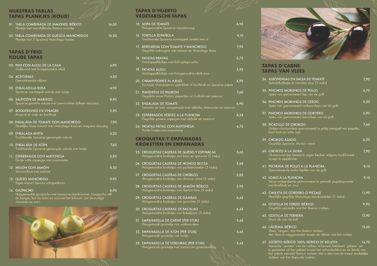 Menu kaart | Spaans Tapas Restaurant El Olivo
