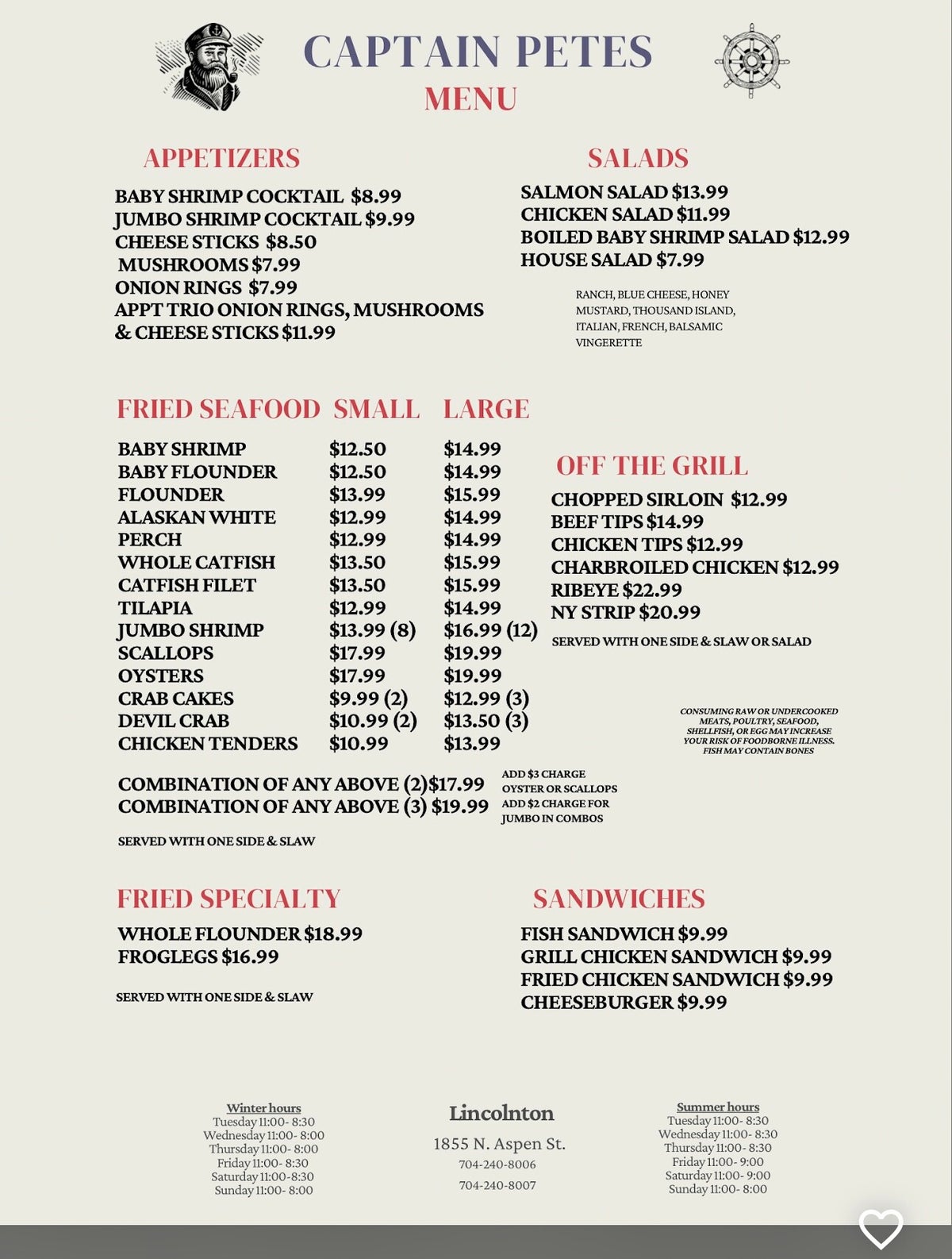 Menu | Captain Petes Seafood Restaurant