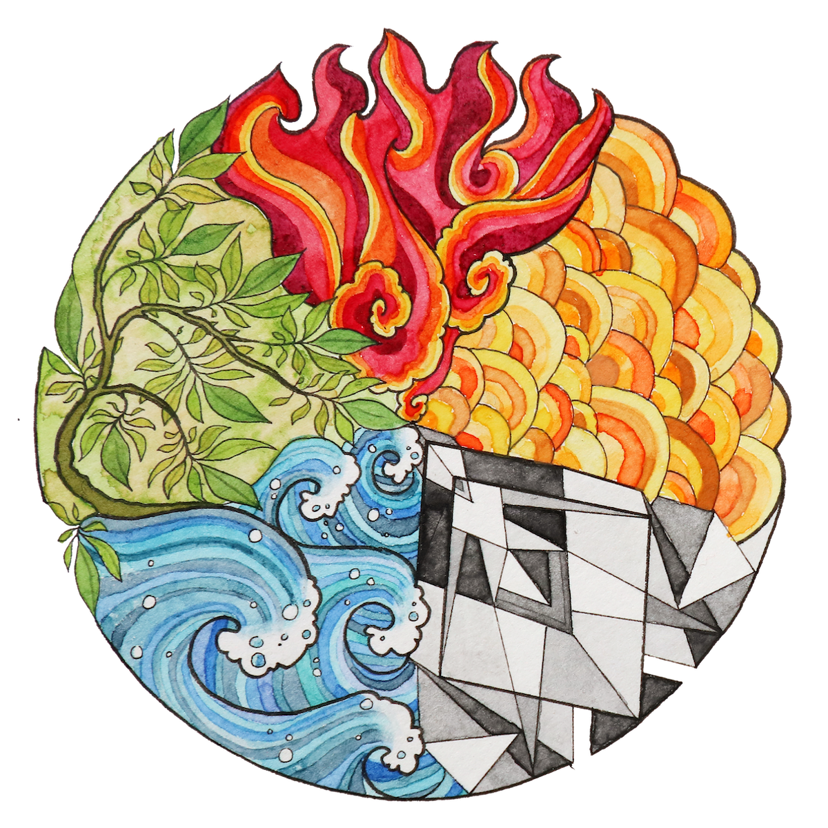 The colors of the Taoist five elements: wood, fire, earth, metal, water
