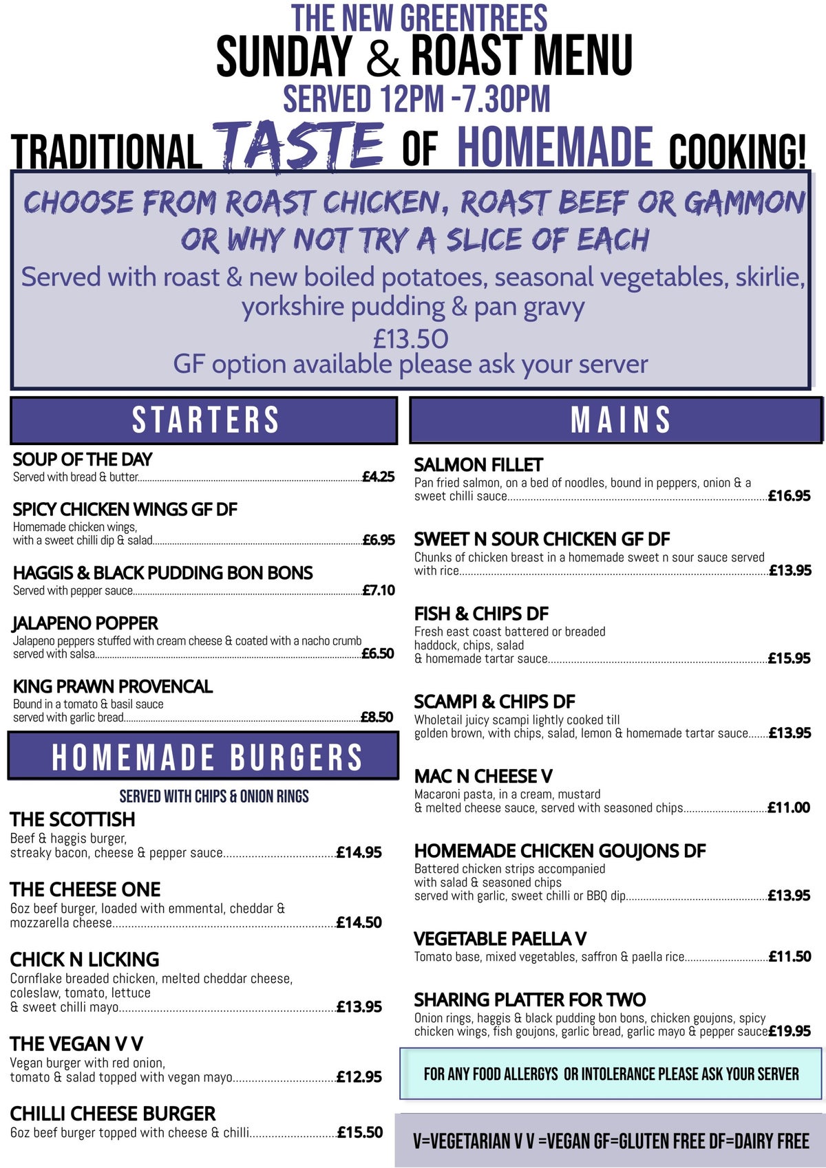 Sunday Roast Menu | The New Greentrees