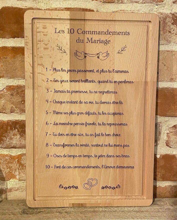 Planche à découper en Bois de hêtre « Les 10 Commandements du Mariage ...