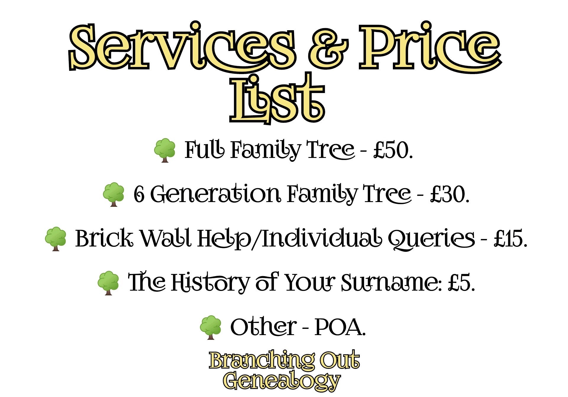 Services & Price List | Branching Out Genealogy