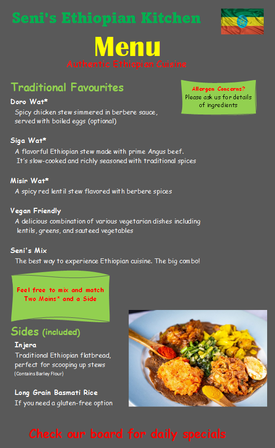 Menu / Seni's Ethiopian Kitchen