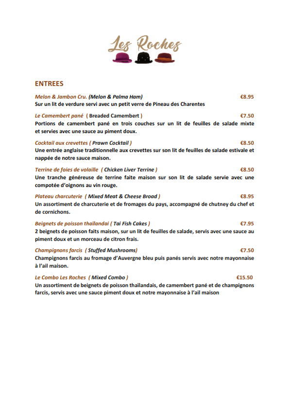 Menu | Les Roches Restaurant et Chambres d’Hôtes