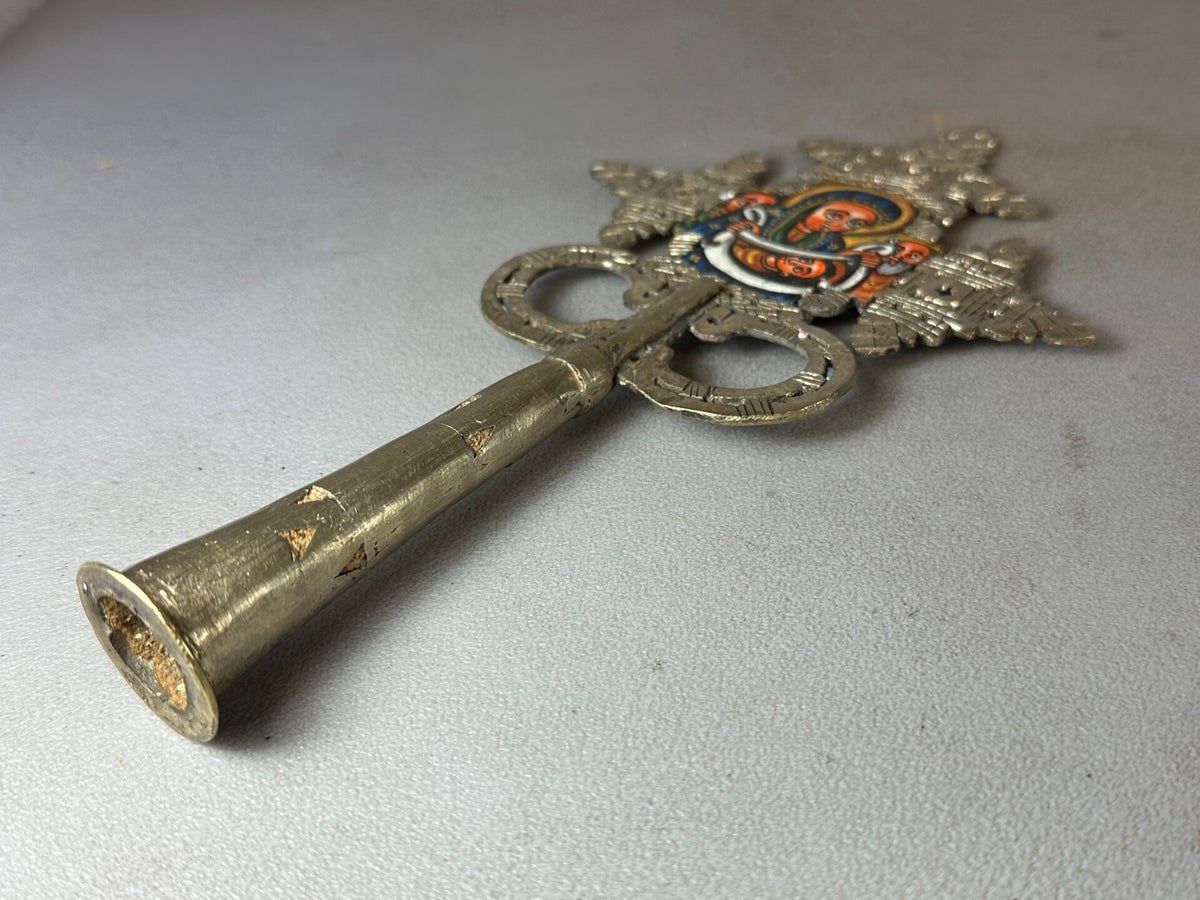 240721 - African Ethiopian Coptic cross with 2 handpainted icons ...