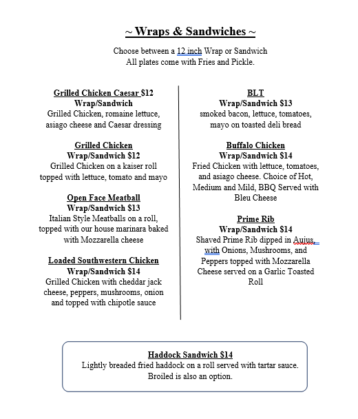 Menu | The Driveway Inn