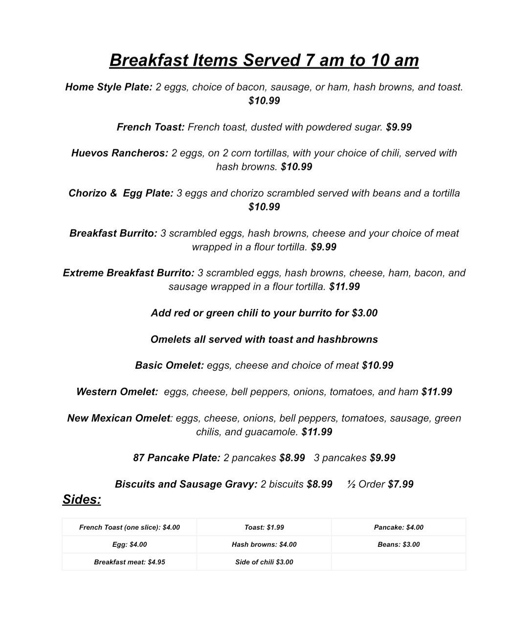 Menu | 87 Restauarant