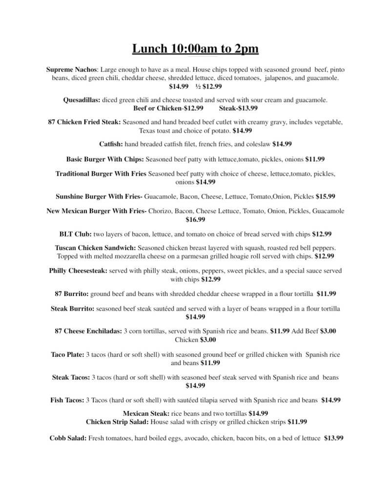 Menu | 87 Restauarant