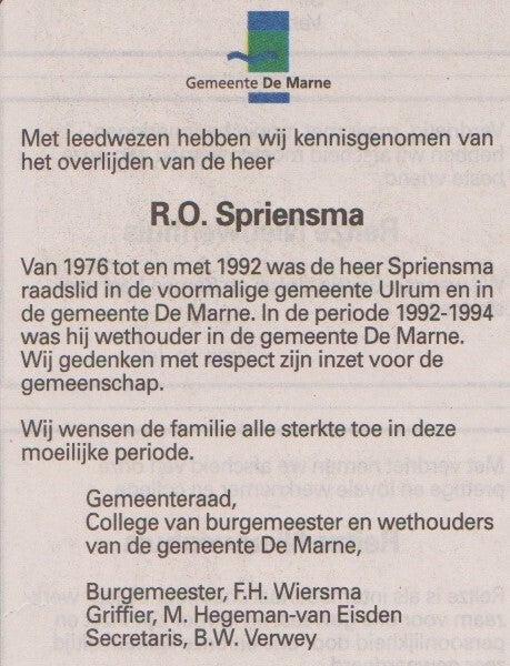 Spriensma , Reinder Oebele | Begraafplaatsen Ulrum