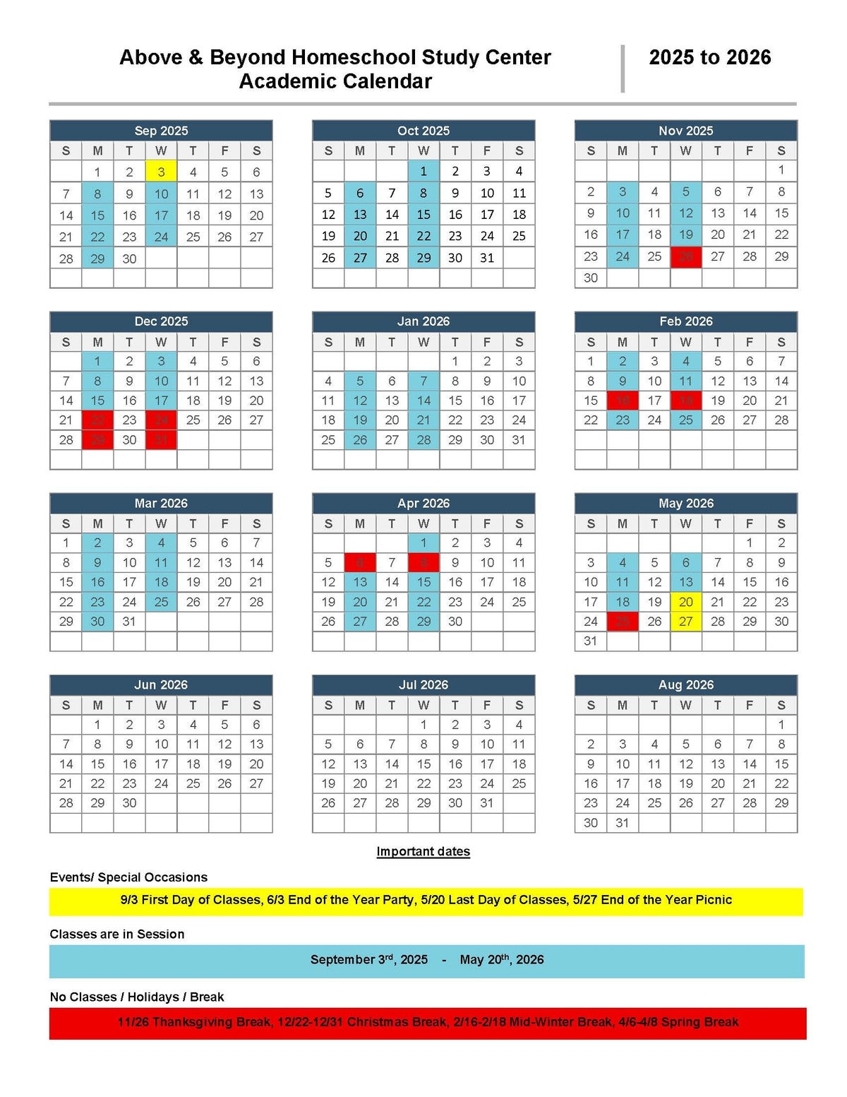 Calendar | Above & Beyond Homeschool Study Center Inc.