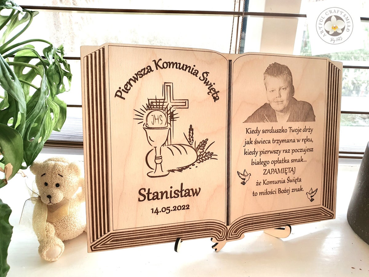 Personalised Wooden Keepsake on First Holy Communion, Open Bible with ...