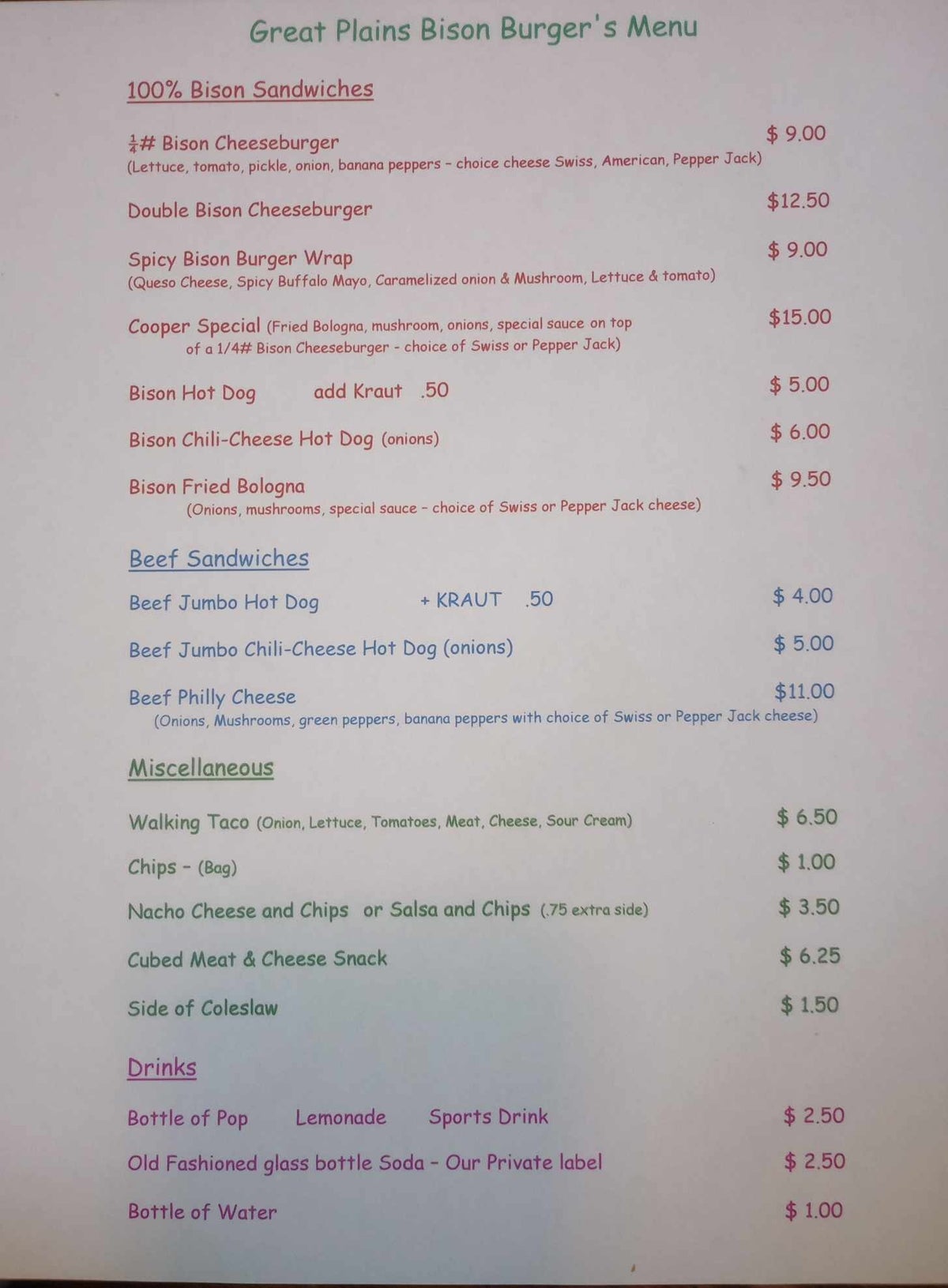 Menu | Great Plains Bison Burgers