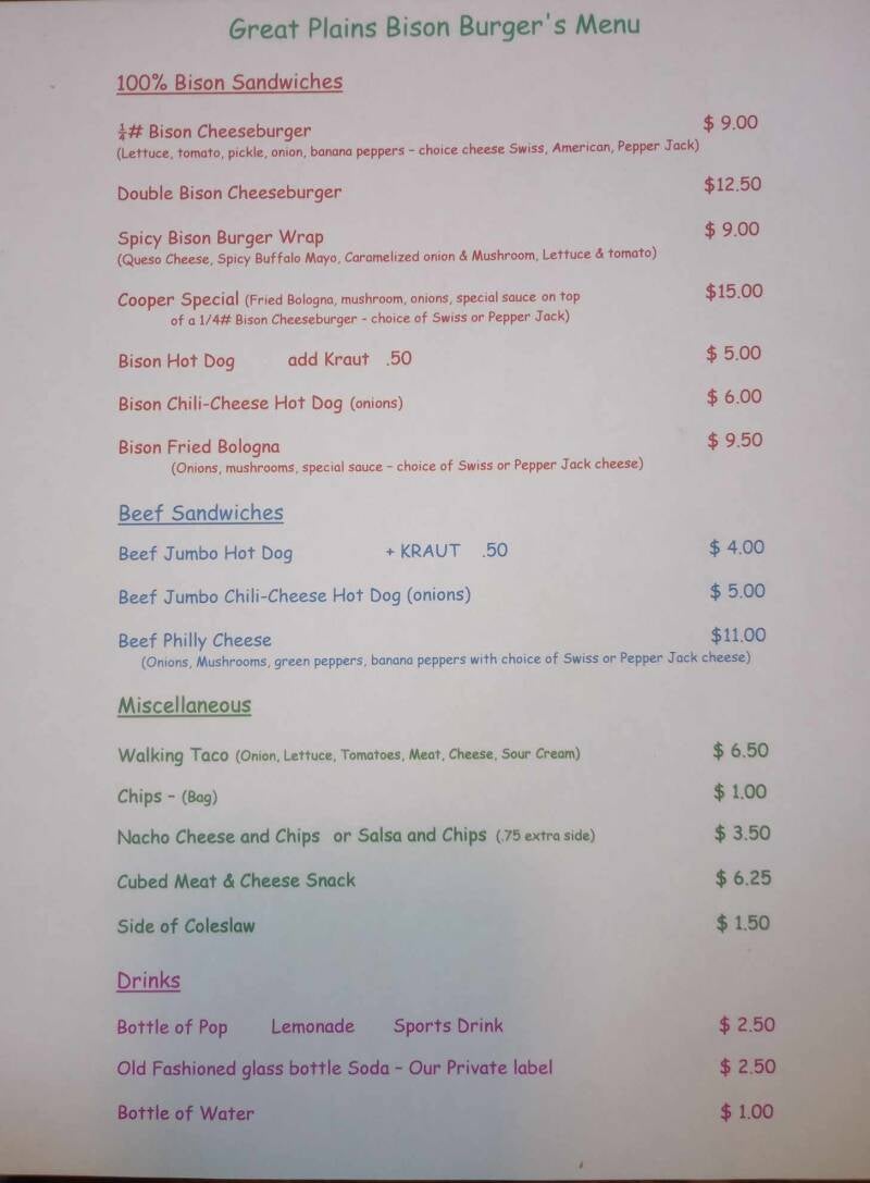 Menu | Great Plains Bison Burgers