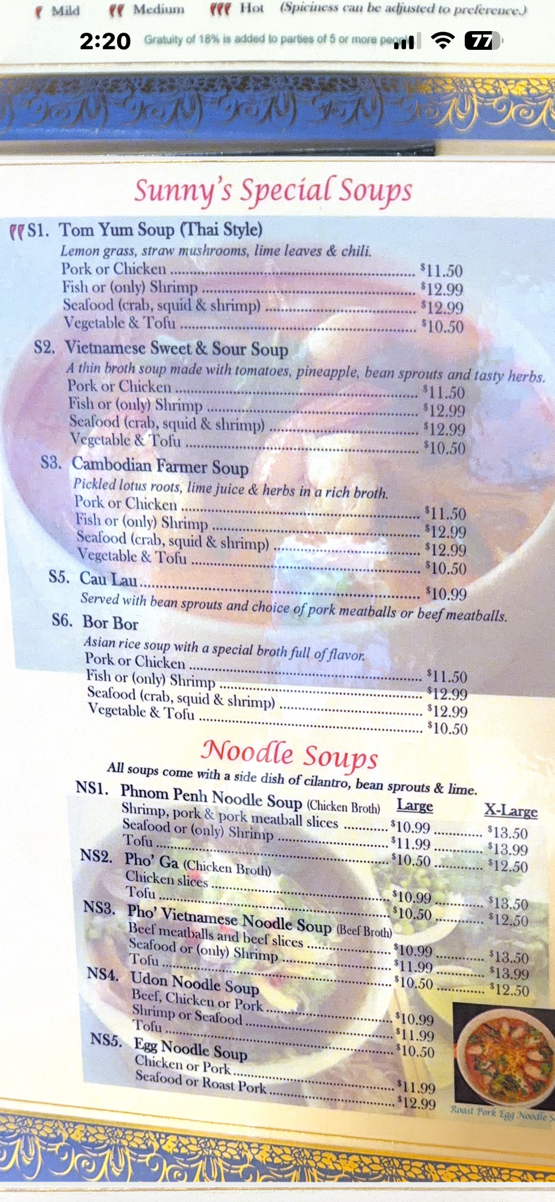 Menu | Sunny Restaurant Asian Cuisine