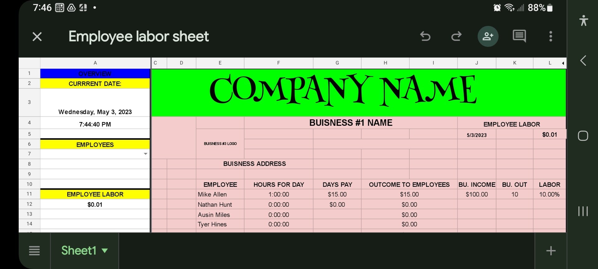 Employee Labor Sheet | Modern Matrix MI