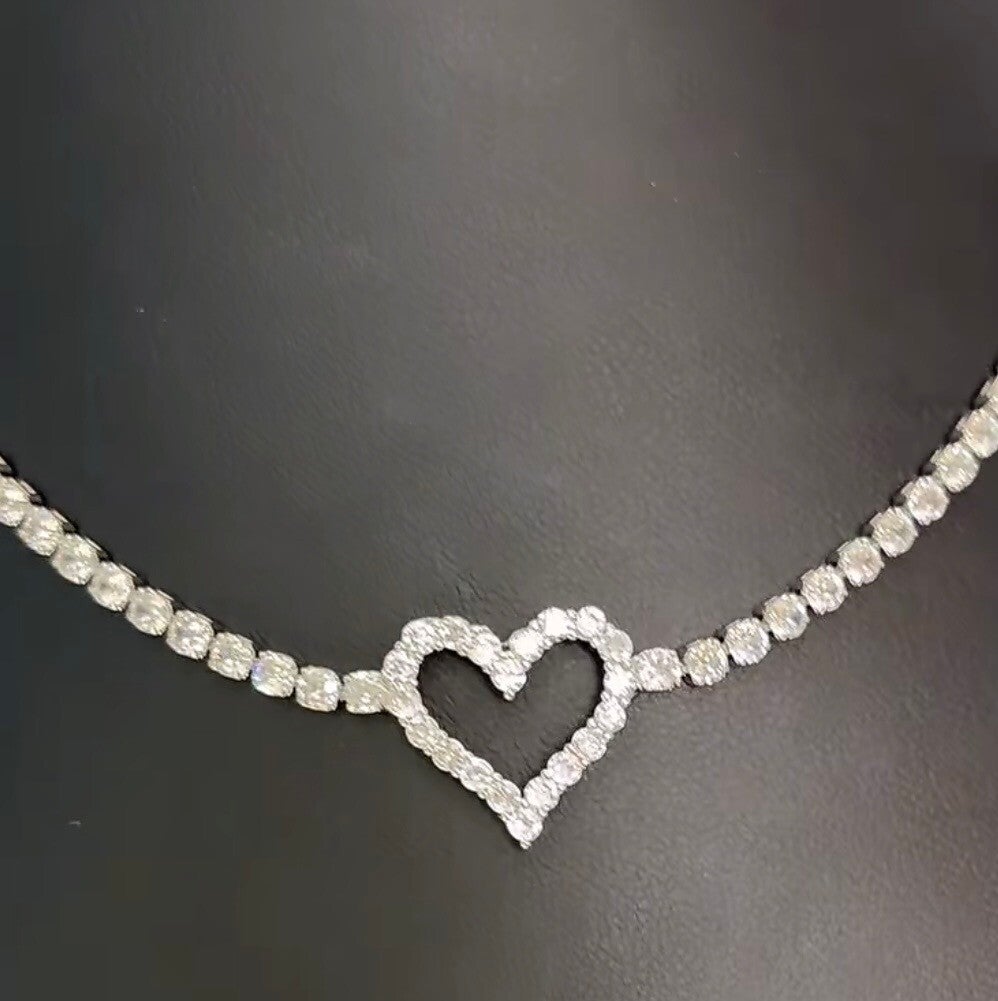 Silver Tone Rhinestone Tennis Chain Heart Charm Pendant Necklace, Clear ...