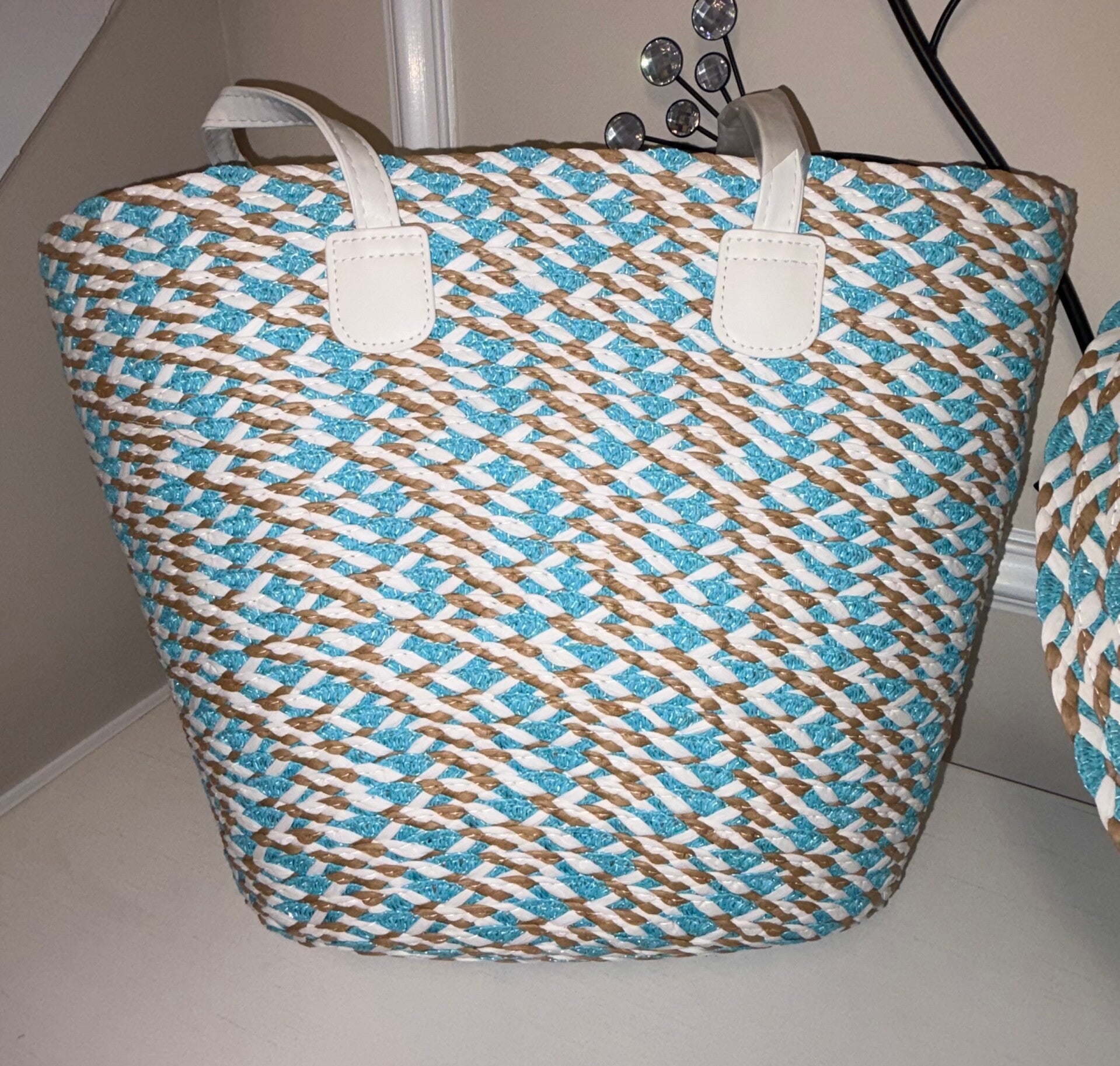 Blue Beige White Woven Tote Bag White Faux Leather Double Handles ...