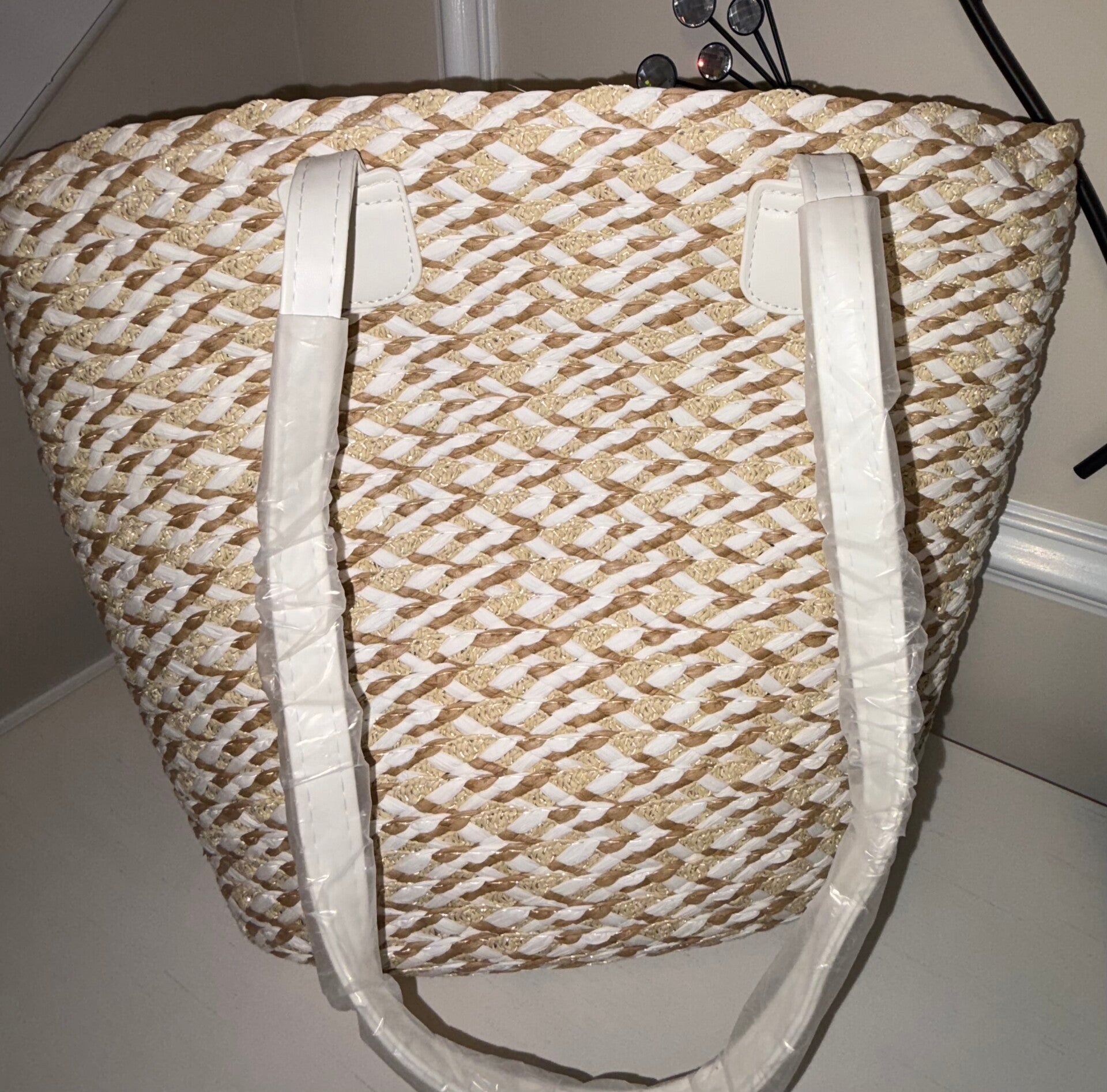 Woven Straw Tote Bag Natural/White Large Double Handles & Sun Hat ...