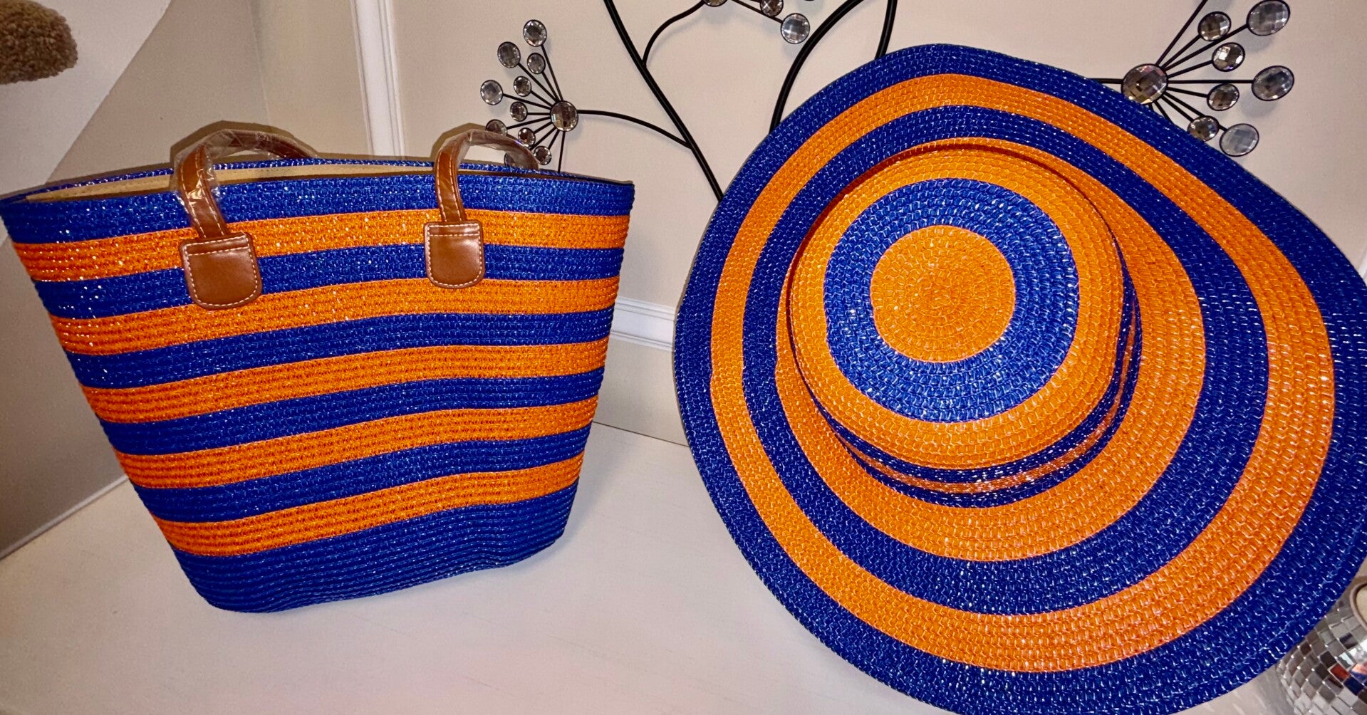 Wide Brim Sun Hat Striped Blue Orange with Matching Tote. | Inspired by ...
