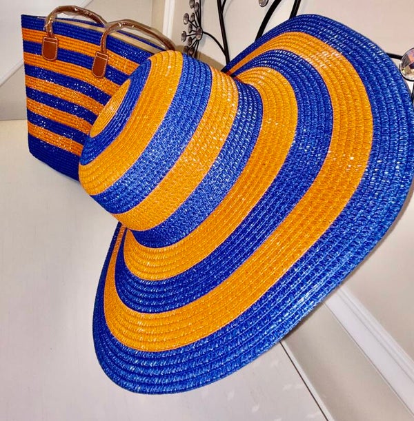 Wide Brim Sun Hat Striped Blue Orange with Matching Tote. | Inspired by ...