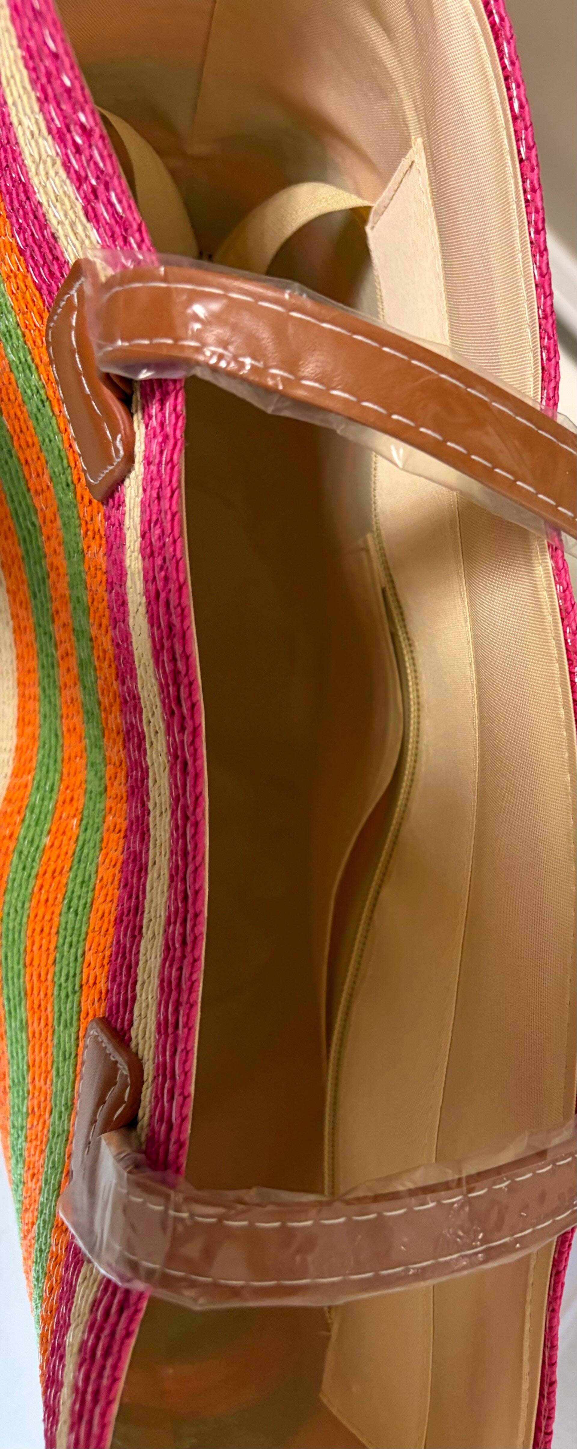 Striped Multicolor Tote Bag Brown Double Handles Lightweight w/ Wide ...