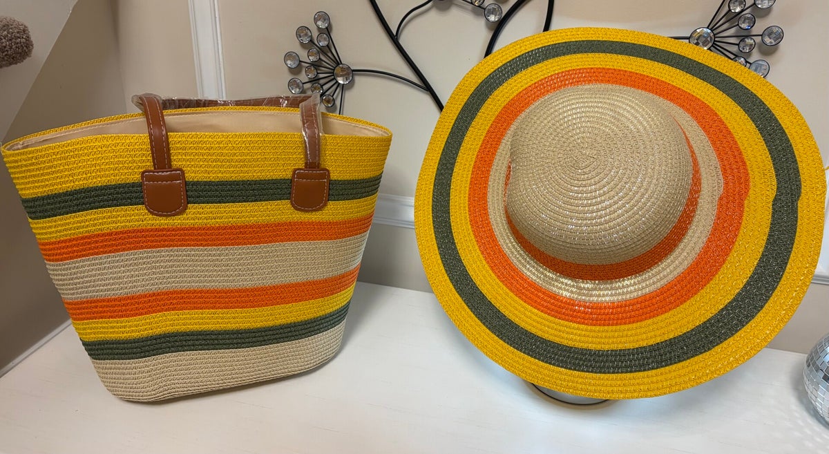 Striped Multicolor Tote Bag Brown Double Handles Lightweight w/ Wide ...