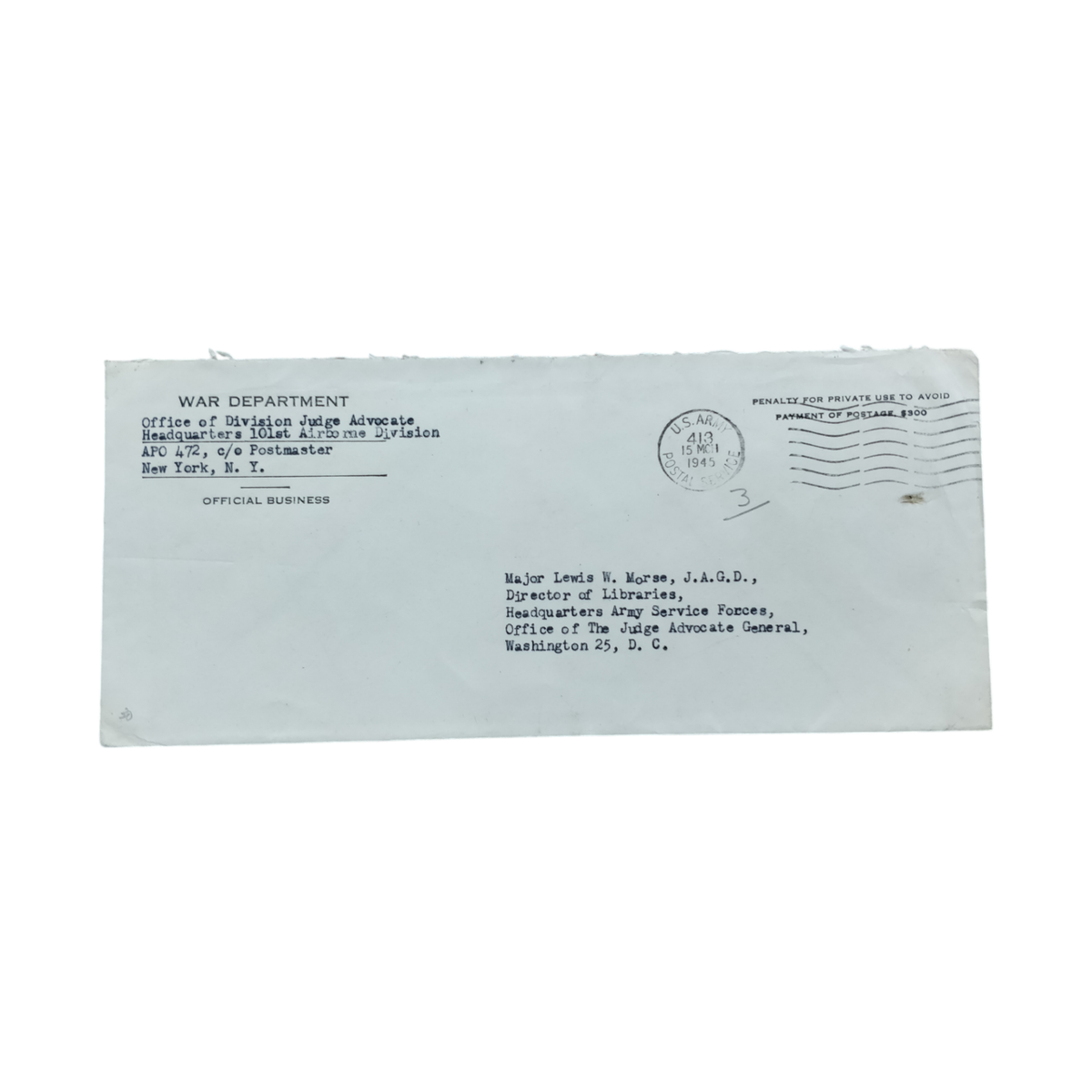 WWII US Envelope Headquarters 101st Airborne Division | Clercq Militaria