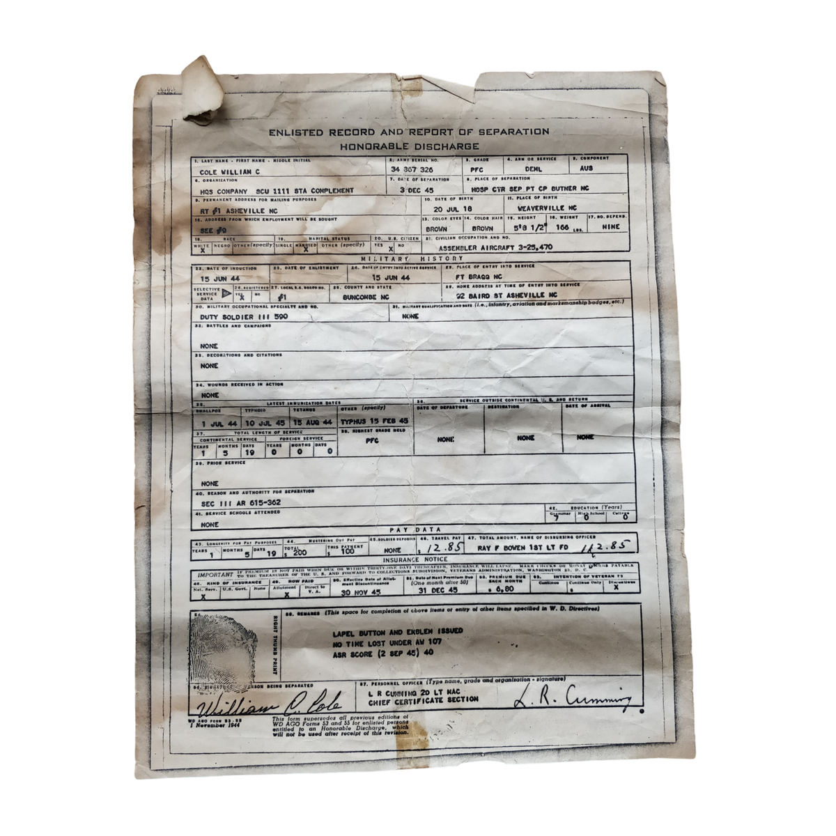 WWII US Army Record Document | Clercq Militaria