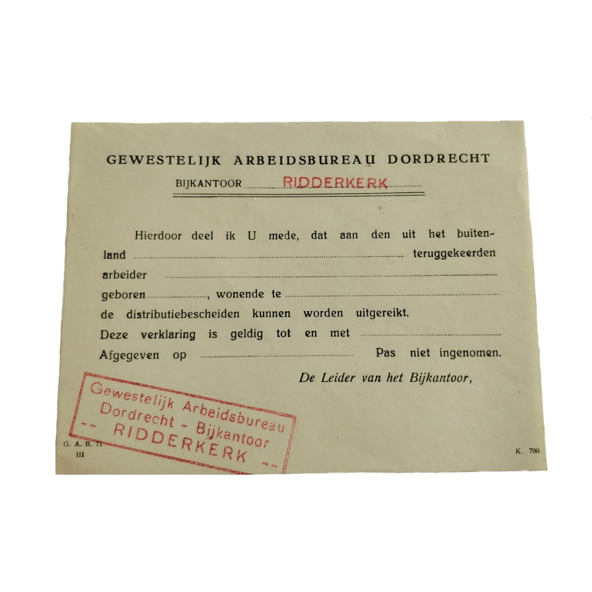 WWII Dutch Document Arbeitseinsatz Ridderkerk | Clercq Militaria