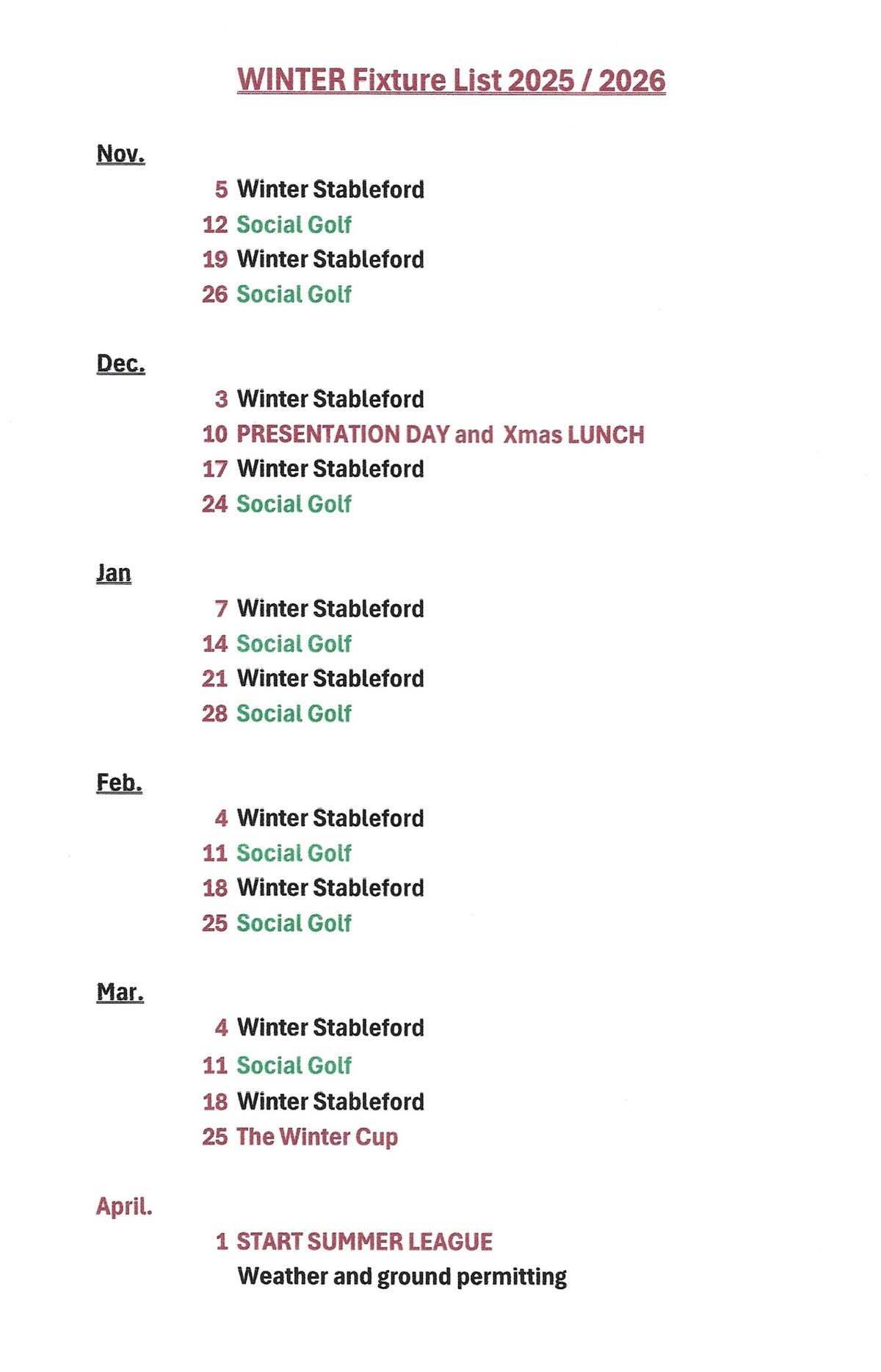 WINTER Competition Fixtures. | BunsayBoys
