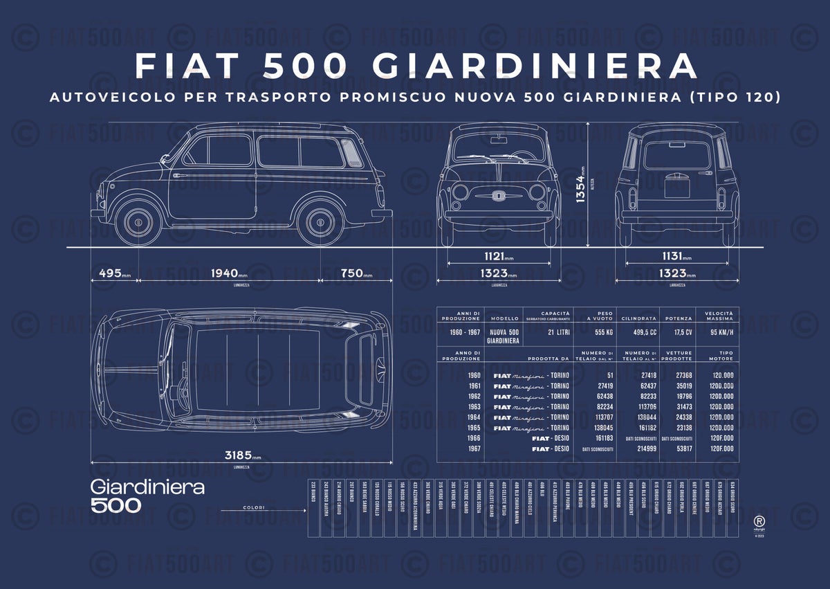 Fiat 500 Giardiniera Blueprint Poster | fiat500art.com
