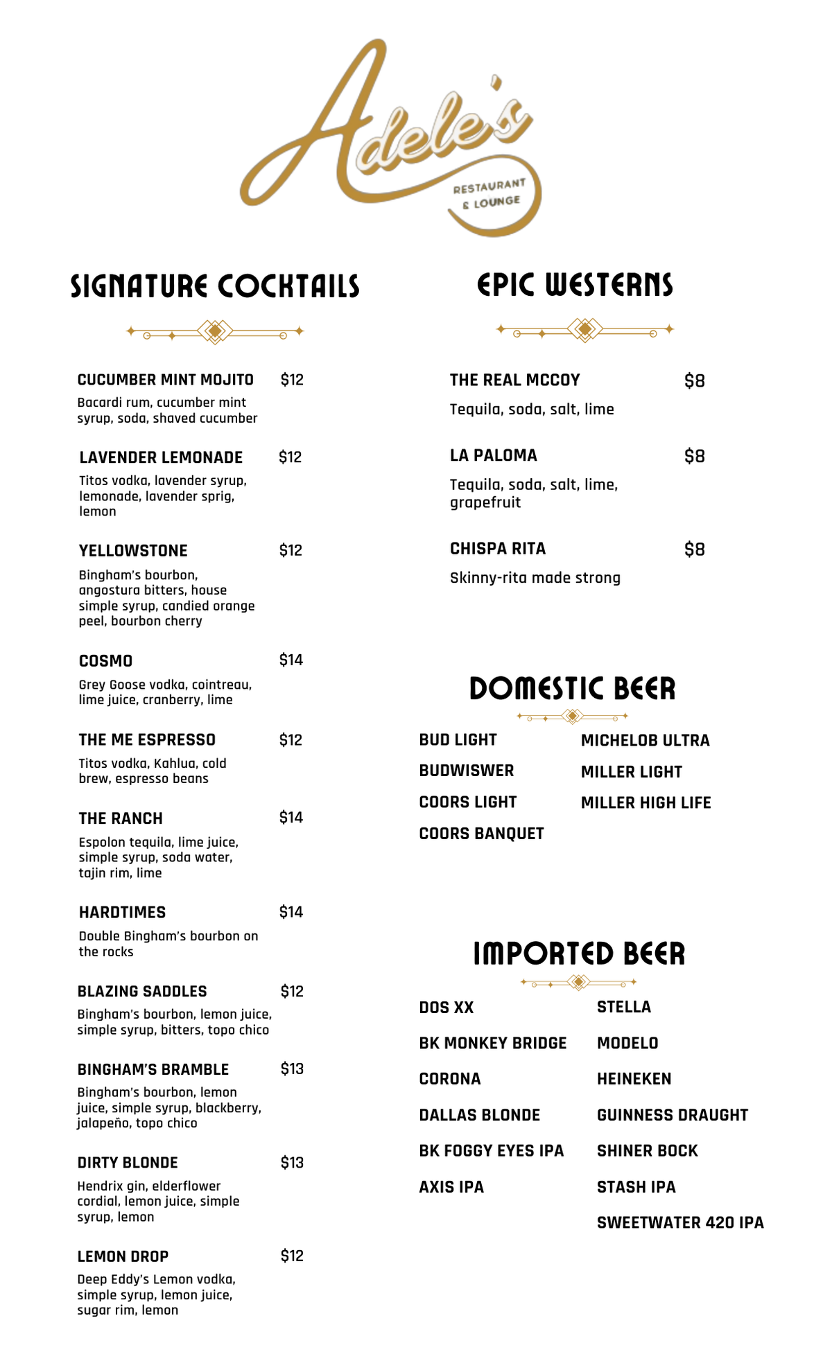 Menu | Adele's Restaurant & Lounge (Marble Falls, TX)